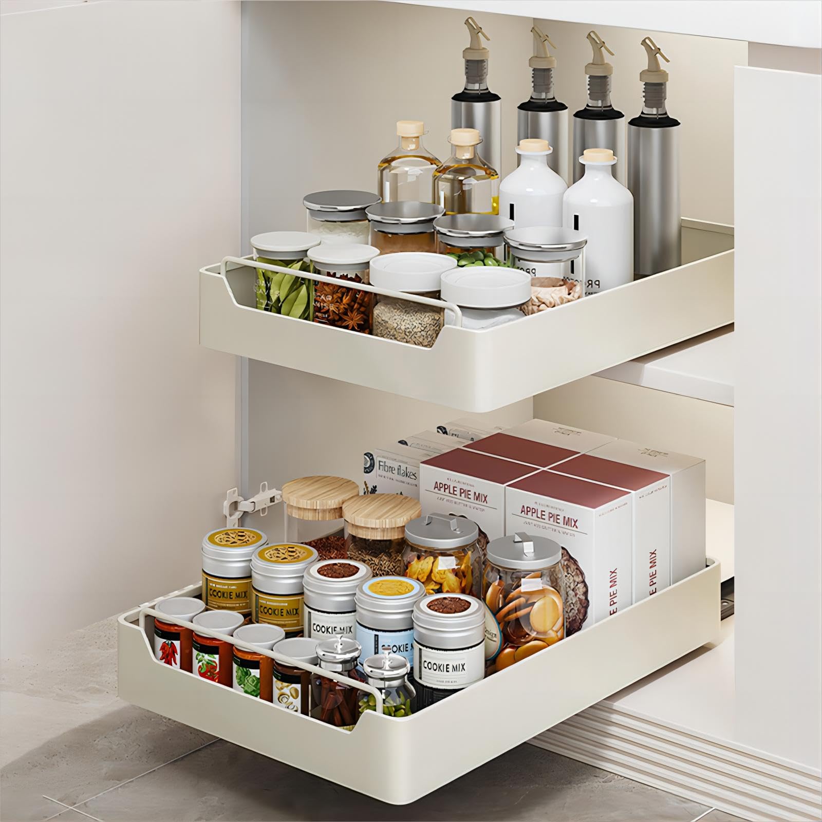 Pull out Cabinet Organizer Fixed with Adhesive Nano Film, Heavy Duty Sliding Basket Organizer Drawer, Pull Out Drawer for Kitchen Under Sink Organizer, Pantry, Bathroom,1 Pack