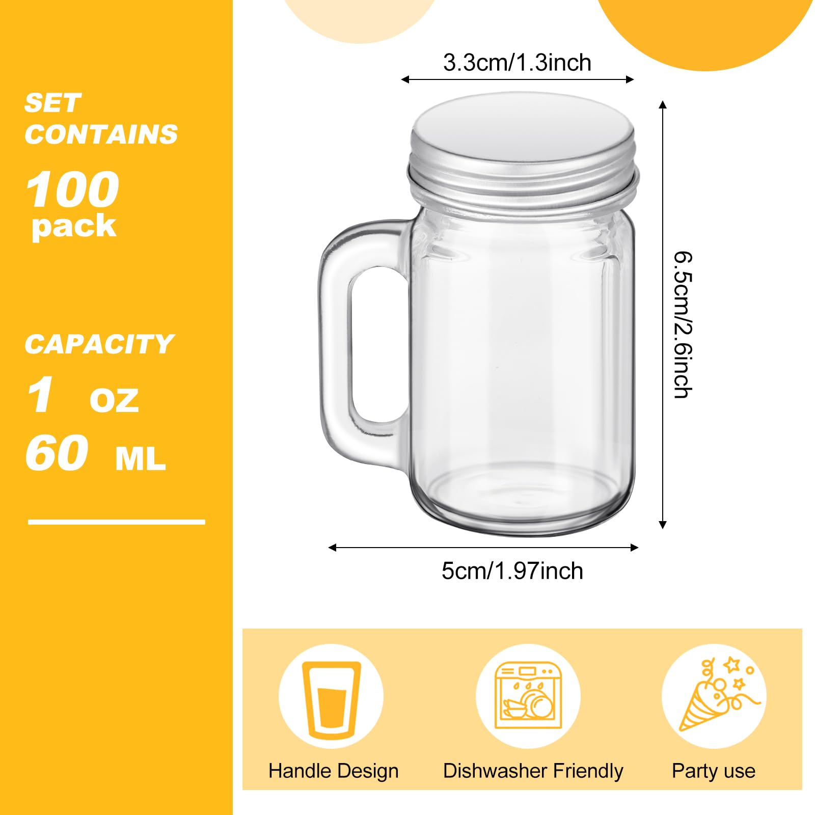 Mifoci 100 Pieces 1 oz Mini Mason Jar Drinking Glasses with Lids Mason Jar Cups Mason Jar Mugs with Handles Mason Jar Shot Glasses Set for Home Picnic Party