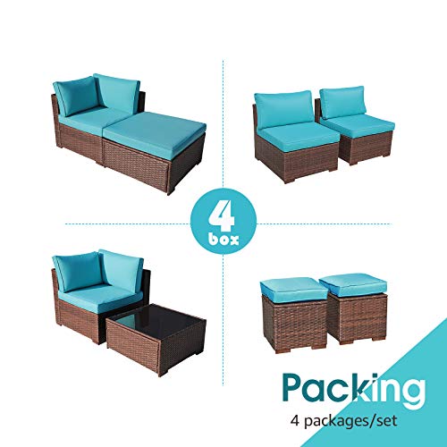 OC Orange-Casual 8 Piece Patio Sofa Set Brown Wicker Sectional Sofa with Turquoise Seat Cushions & Tempered Glass Coffee Table & Ottomansā¦