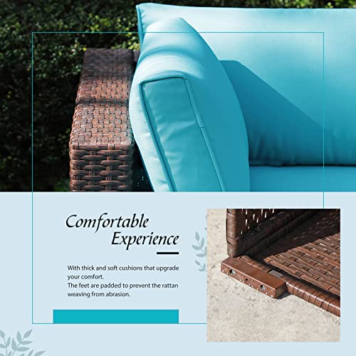 OC Orange-Casual 8 Piece Patio Sofa Set Brown Wicker Sectional Sofa with Turquoise Seat Cushions & Tempered Glass Coffee Table & Ottomansā¦