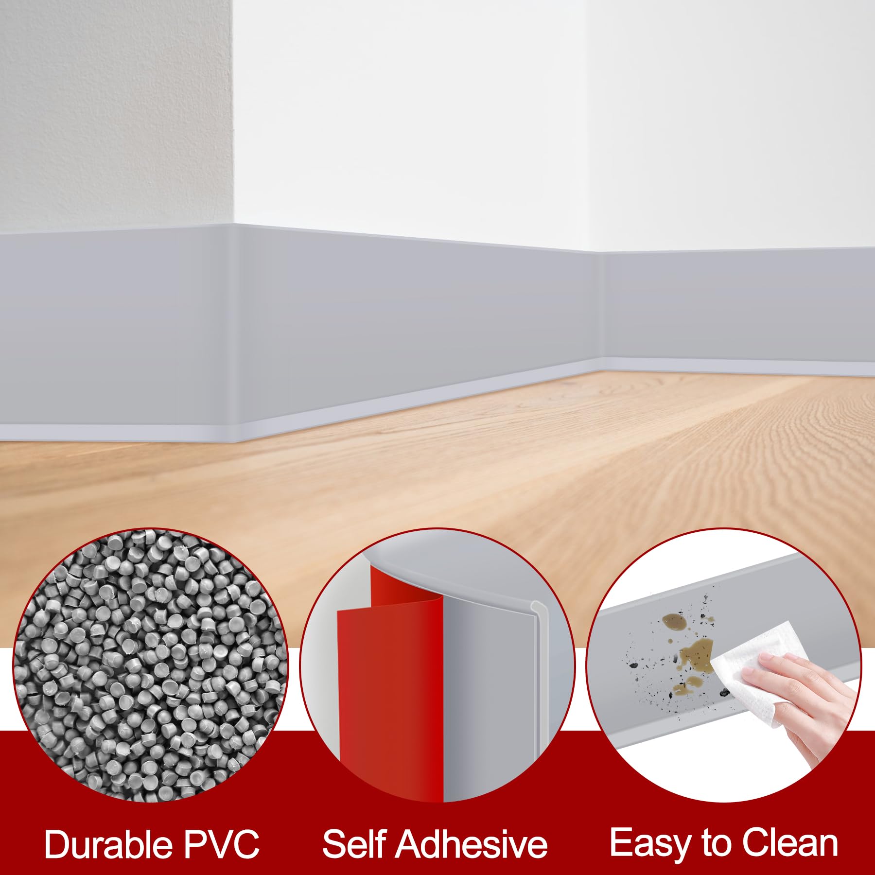 ToLanbbt 26.3 FT Baseboard Trim Molding Wall Base Cove Flexible Vinyl Self-Adhesive Base Trim, 4 in Peel and Stick Avoid Dust Rubber Baseboard Trim for Bedroom Garage Office School Cover Walls, Gray