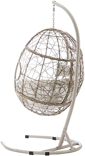 Crosley Furniture KO70230LB Cleo Indoor/Outdoor Wicker Hanging Egg Chair with Stand, Light Brown with Sand Cushions