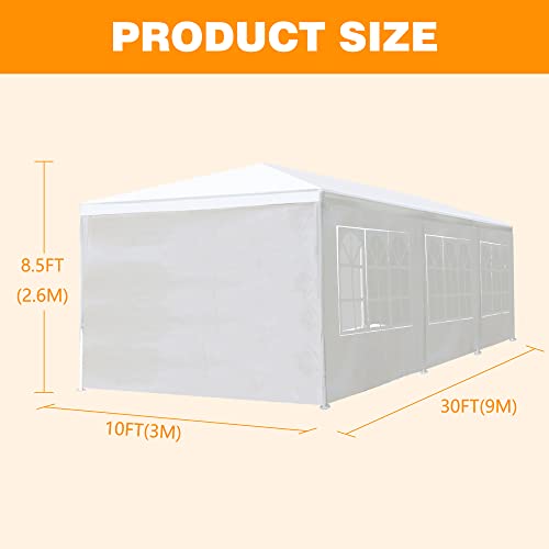 10x30 Outdoor Gazebo Wedding Party Tent White Canopy Pavilion with 8 Removable Sidewalls for Camping Shelter BBQ Cater Events Beach