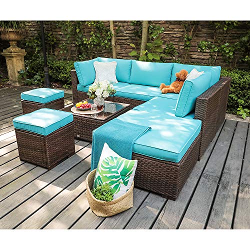 OC Orange-Casual 8 Piece Patio Sofa Set Brown Wicker Sectional Sofa with Turquoise Seat Cushions & Tempered Glass Coffee Table & Ottomansā¦