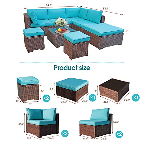 OC Orange-Casual 8 Piece Patio Sofa Set Brown Wicker Sectional Sofa with Turquoise Seat Cushions & Tempered Glass Coffee Table & Ottomansā¦