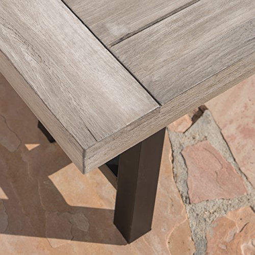 Cassie Outdoor Light Grey Sandblast Finish Acacia Wood Dining Bench with Black Rustic Metal Finish Frame