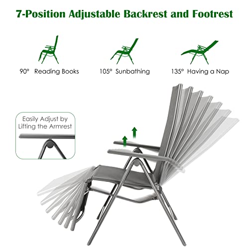 Tangkula Outdoor Folding Lounge Chair, Patio Reclining Chair W/7 Adjustable Backrest & Footrest Positions, Portable Chaise Lounge Chair w/Aluminum Frame for Poolside, Balcony, Backyard, Garden