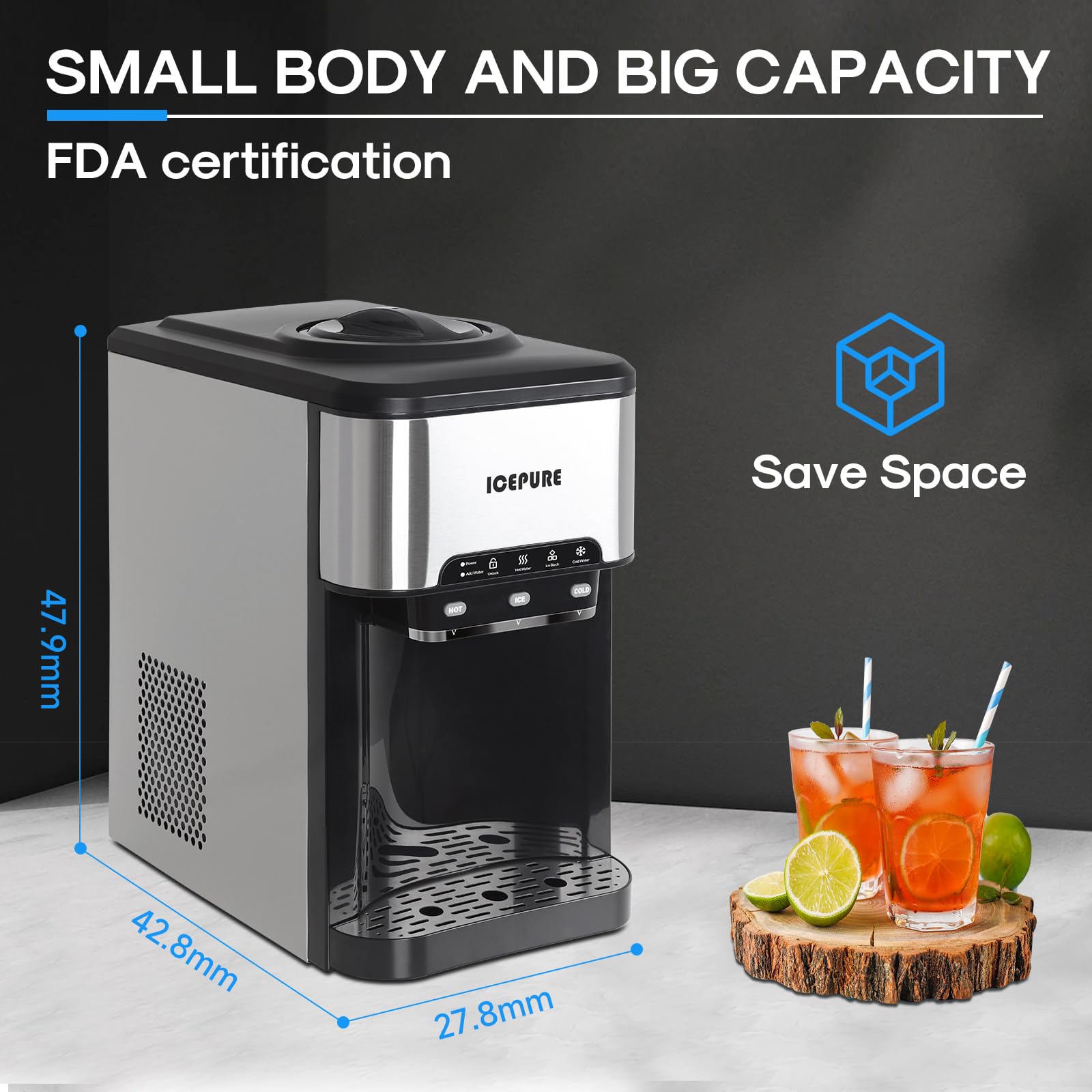 ICEPURE Countertop Water Cooler Dispenser with Ice Maker, 3 in 1 Top-Loading Hot&Cold Water Dispenser 5 Gallon, 3 Temperatures Setting- Hot&Cold Water, Portable Ice Makers for Home Kitchen Office Bar