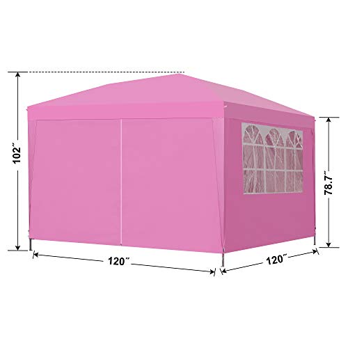 Saemoza Pop Up Canopy Tent, 10x10 Outdoor Commercial Instant Gazebo Tent with 4 Removable Sidewalls, Height Adjustable Portable Beach Canopy with Carry Bag (Pink)