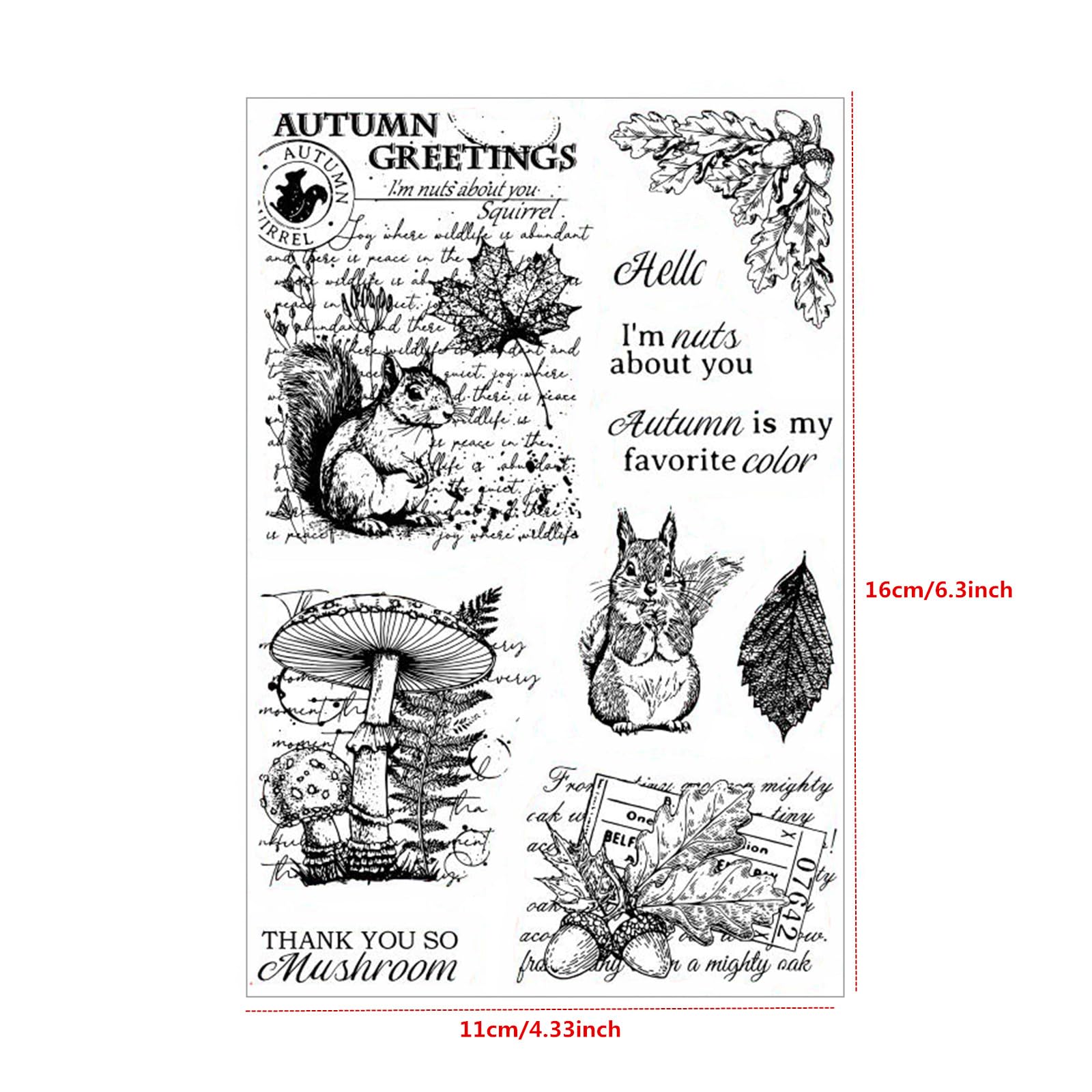 Arbuya Autumn Squirrel Clear Stamps for Journaling or Card Making, Nuts Mushroom Sentiment Rubber Stamps for Journals Planners Scrapbooking Paper Crafting