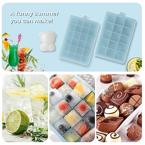Ice Cube Trays 2 Pack, with Bear Ice Cube Mold and Removable Lid, Silicone Ice Cube Mold Easy-Release Flexible 15-cube Ice Trays and 24-cube Ice Trays for Whiskey, Cocktails