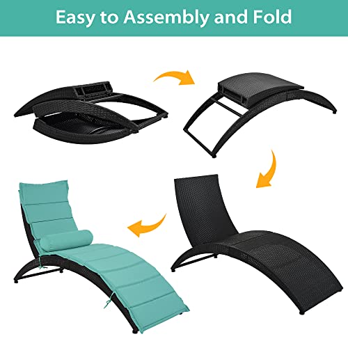 DHHU Foldable Chaise 2-Piece Sofa Set, Patio Wicker Sun Lounger with Removable Bolster Pillow, Green Cushion, Blue