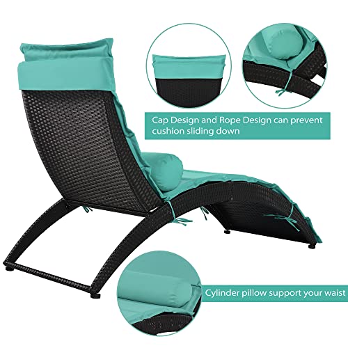 DHHU Foldable Chaise 2-Piece Sofa Set, Patio Wicker Sun Lounger with Removable Bolster Pillow, Green Cushion, Blue