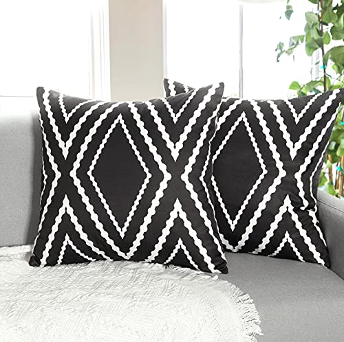 Adabana Outdoor Waterproof Boho Throw Pillow Covers Geometric Pillow Cases for Patio Garden Set of 2, 18 X 18 Inches Black