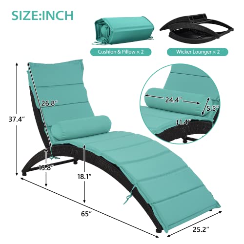 DHHU Foldable Chaise 2-Piece Sofa Set, Patio Wicker Sun Lounger with Removable Bolster Pillow, Green Cushion, Blue