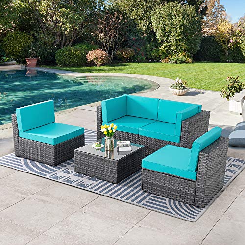 SUNLEI 5pcs Patio Outdoor Furniture Sets Conversation Set,Low Back All-Weather Rattan Sectional Sofa with Tea Table&Washable Couch Cushions(Silver Rattan)(Blue)