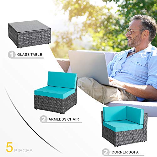 SUNLEI 5pcs Patio Outdoor Furniture Sets Conversation Set,Low Back All-Weather Rattan Sectional Sofa with Tea Table&Washable Couch Cushions(Silver Rattan)(Blue)