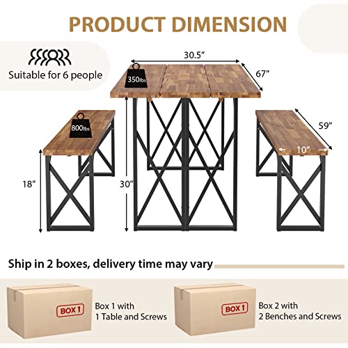 Giantex Outdoor Picnic Table Set with 2 Benches, Acacia Wood Patio Dining Table Set for 6 or 4 Persons, with 2β Umbrella Hole, 67β Large Rectangular Camping Table for Garden Lawn Yard 800 Lbs Capacity