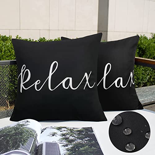 Merrycolor Set of 2 Black and White Outdoor Waterproof Pillow Covers 18x18 Relax Throw Pillow Covers Decorative Outdoor Pillows for Patio Furniture