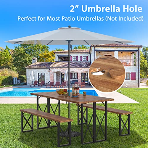 Giantex Outdoor Picnic Table Set with 2 Benches, Acacia Wood Patio Dining Table Set for 6 or 4 Persons, with 2β Umbrella Hole, 67β Large Rectangular Camping Table for Garden Lawn Yard 800 Lbs Capacity