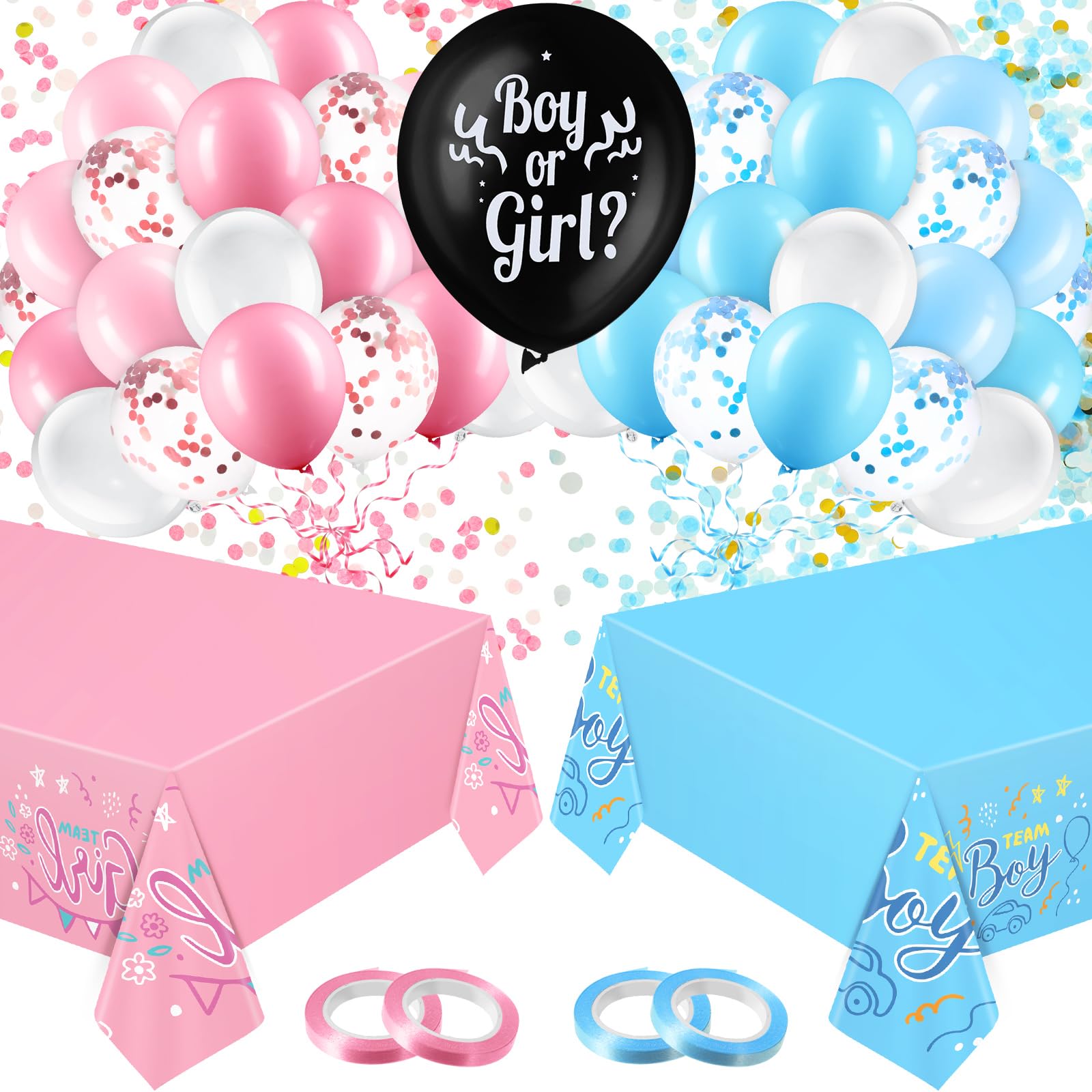 Panelee 51 Pcs Gender Reveal Party Decorations 54'' x 108'' Disposable Tablecloth 12'' Pink Blue White Latex Balloons 18'' Black Boy or Girl Balloons with 16.4ft Blue and Pink Ribbon for Party
