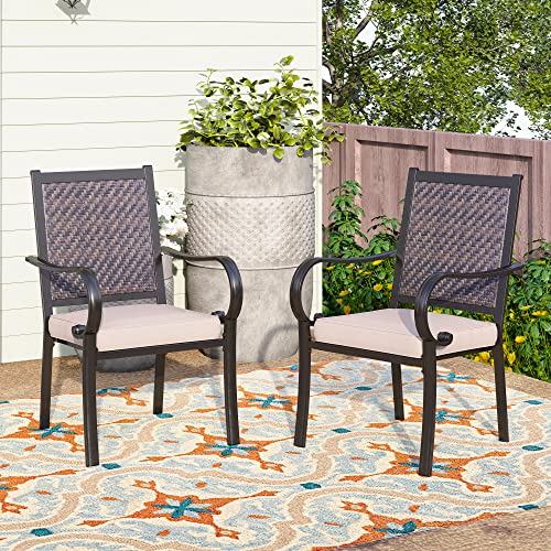 PHI VILLA Outdoor Rattan Dining Chairs Set of 2, Wicker Chairs with Removable Cushion & Metal Frame, for Patio, Deck, Yard, Porch