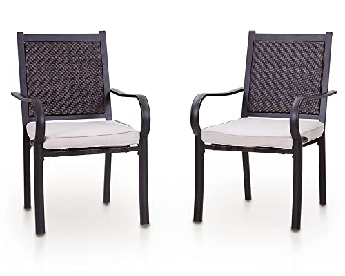 PHI VILLA Outdoor Rattan Dining Chairs Set of 2, Wicker Chairs with Removable Cushion & Metal Frame, for Patio, Deck, Yard, Porch