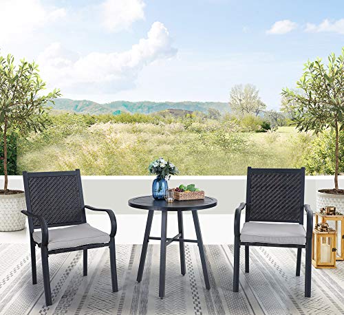 PHI VILLA Outdoor Rattan Dining Chairs Set of 2, Wicker Chairs with Removable Cushion & Metal Frame, for Patio, Deck, Yard, Porch