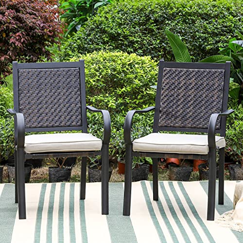 PHI VILLA Outdoor Rattan Dining Chairs Set of 2, Wicker Chairs with Removable Cushion & Metal Frame, for Patio, Deck, Yard, Porch