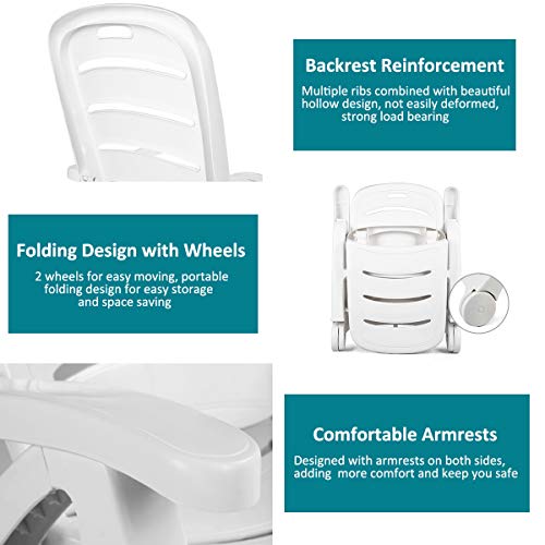Safstar Patio Chaise Lounge Chair, Folding Lounger Chair with 2 Flexible Wheels & 5 Adjustable Positions, Plastic Lounge Recliner for Outside Poolside Beach Sunbathing, Assembly-Free (1, White)