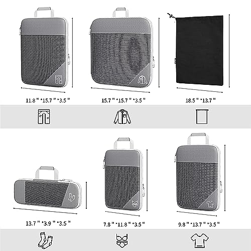 Compression Packing Cubes for Suitcases, VIKASI 6 Set of Travel Luggage Packing Organizers, Suitcase Organizer Bags Set for Expandable Packing Organizers Travel Accessories (Gray)
