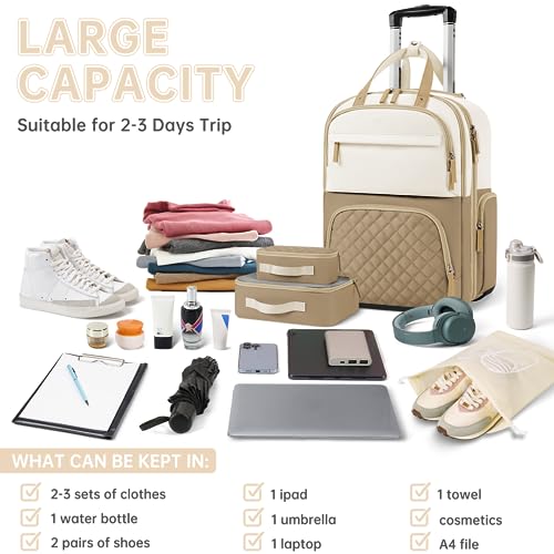 ZOMFELT Carry On Underseat Multi-functional,17-inch Rolling Lightweight Overnight Suitcase, Wheeled Carry On Case for Airplanes, Travel Carry on Suitcase with Wheels for Women Work Travel,Beige