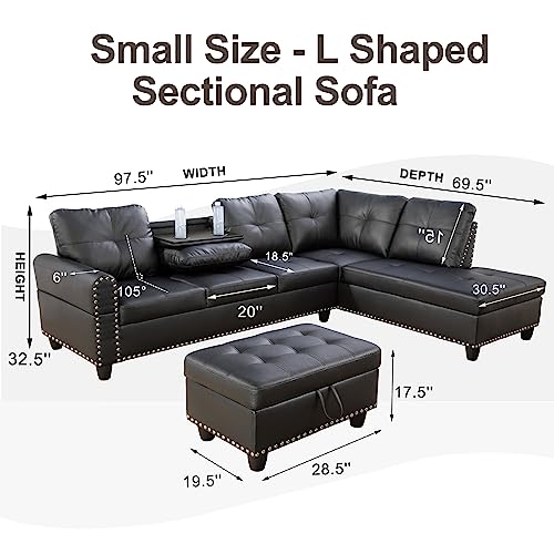 GEBADOL Living Room Furniture Sets,Small Leather Sectional Sofa,L Shaped Couch with Cup Holder and Ottoman(Right-Facing,Black Leather Sofa)