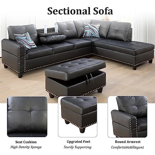 GEBADOL Living Room Furniture Sets,Small Leather Sectional Sofa,L Shaped Couch with Cup Holder and Ottoman(Right-Facing,Black Leather Sofa)