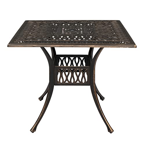 VINGLI Patio Dining Table, Patio Table with Umbrella Hole Outdoor Dining Table, Cast Aluminum Outdoor Bistro Table Outdoor Furniture Garden Table (35.4”Lx35.4”Wx29.5”H)