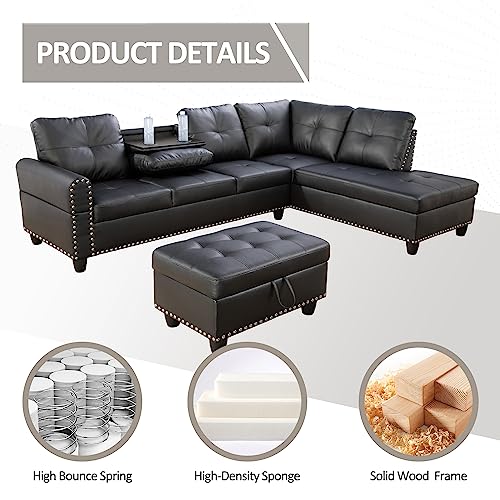 GEBADOL Living Room Furniture Sets,Small Leather Sectional Sofa,L Shaped Couch with Cup Holder and Ottoman(Right-Facing,Black Leather Sofa)