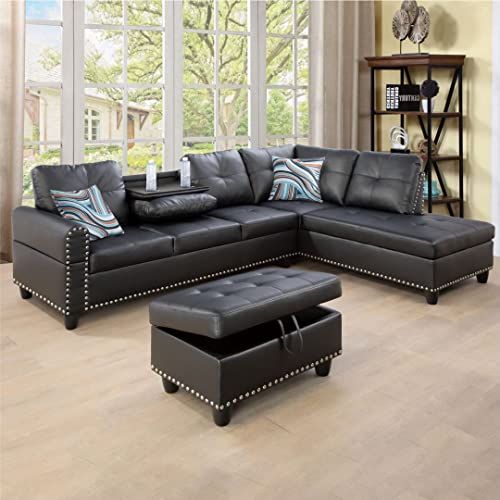 GEBADOL Living Room Furniture Sets,Small Leather Sectional Sofa,L Shaped Couch with Cup Holder and Ottoman(Right-Facing,Black Leather Sofa)