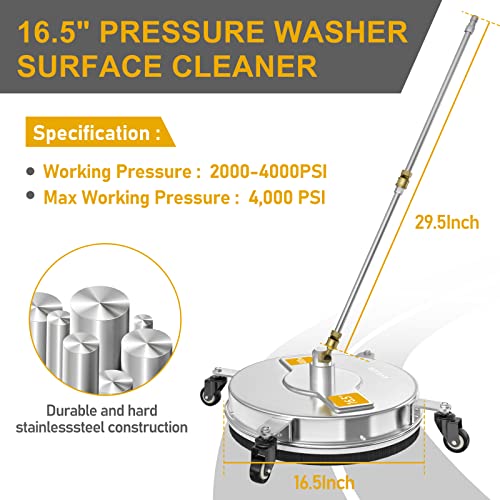 EVEAGE Pressure Washer Surface Cleaner, Power Washer Surface Cleaner with 4 Wheels, Stainless Steel Housing Power Washer Accessories with 2 Extension Wand, 2 Replacement Nozzles, 4000 PSI (16.5 inch)