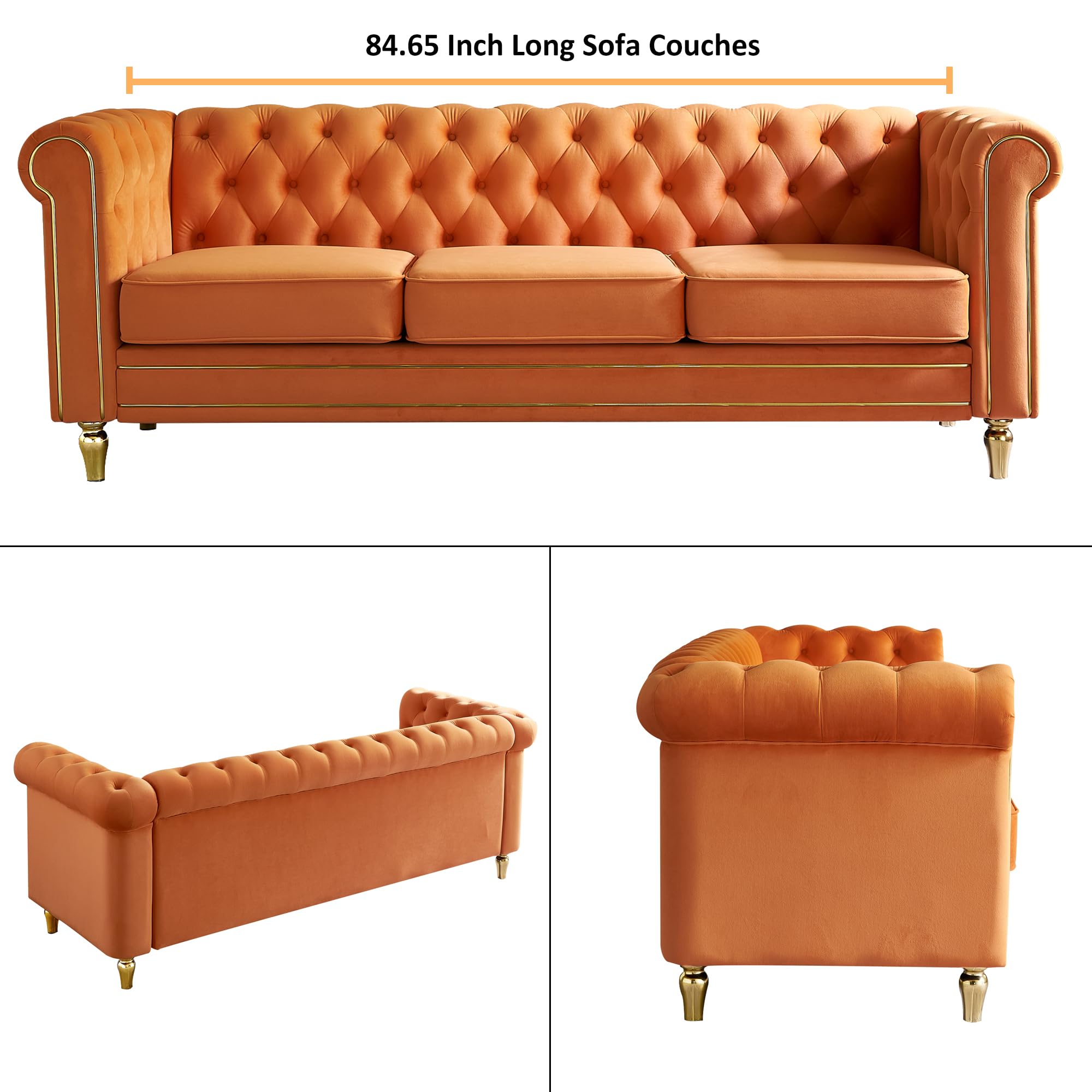 Homtique 84" Modern Sofa Couch for Living Room, 3 Seater Couch Comfy Velvet Sofa Button Tufted Rolled Arms and Gold Legs, Chesterfield Sofa for Home Studio/Office, Bedroom, Orange