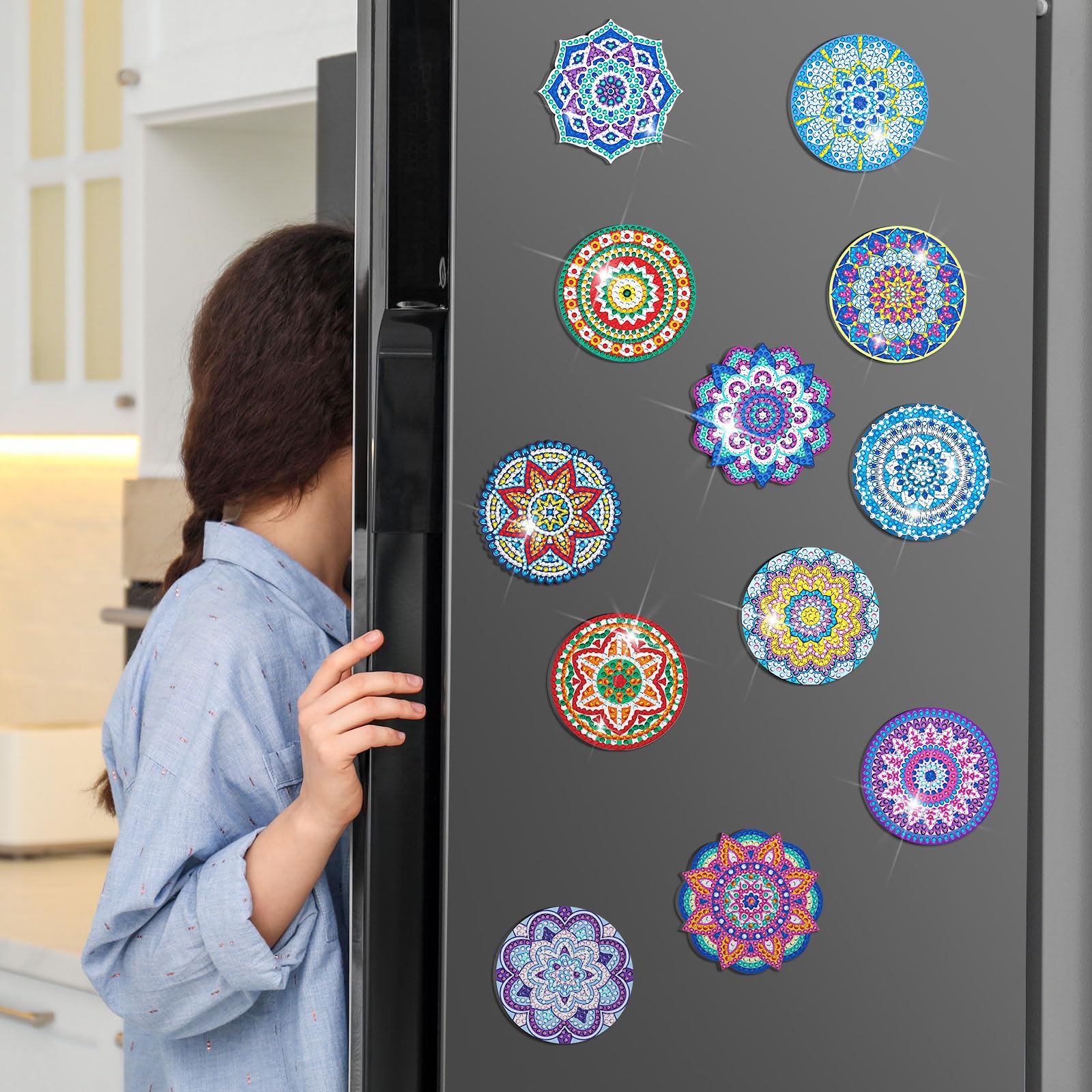 Zonon 12 Pcs Refrigerator Diamond Art Magnets - Easy DIY Kits for Adults - Classic Mandala Home Decors