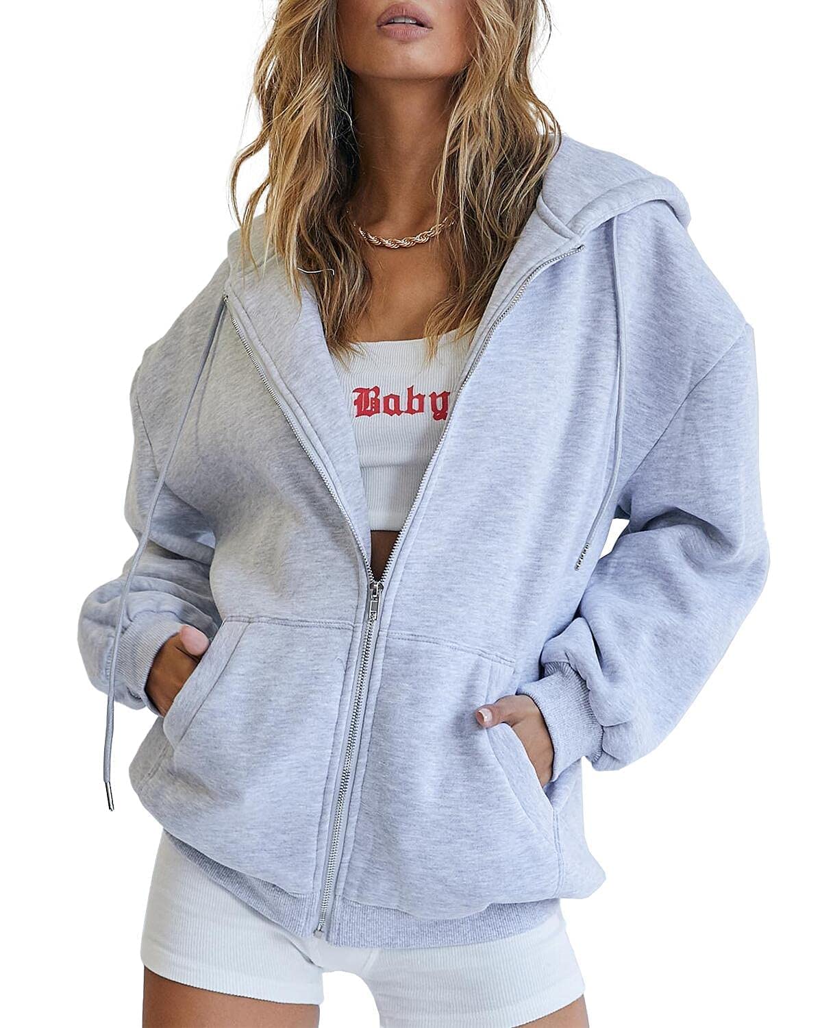 ATHMILE Oversized Sweatshirt Women 2023 Fall Fleece Jacket Cute Hoodies Pullover Sweater Hooded Tops Teen Girl Casual Cardigan Zip Up Y2k Trendy Coat Winter Clothes Outfits Blouses Grey