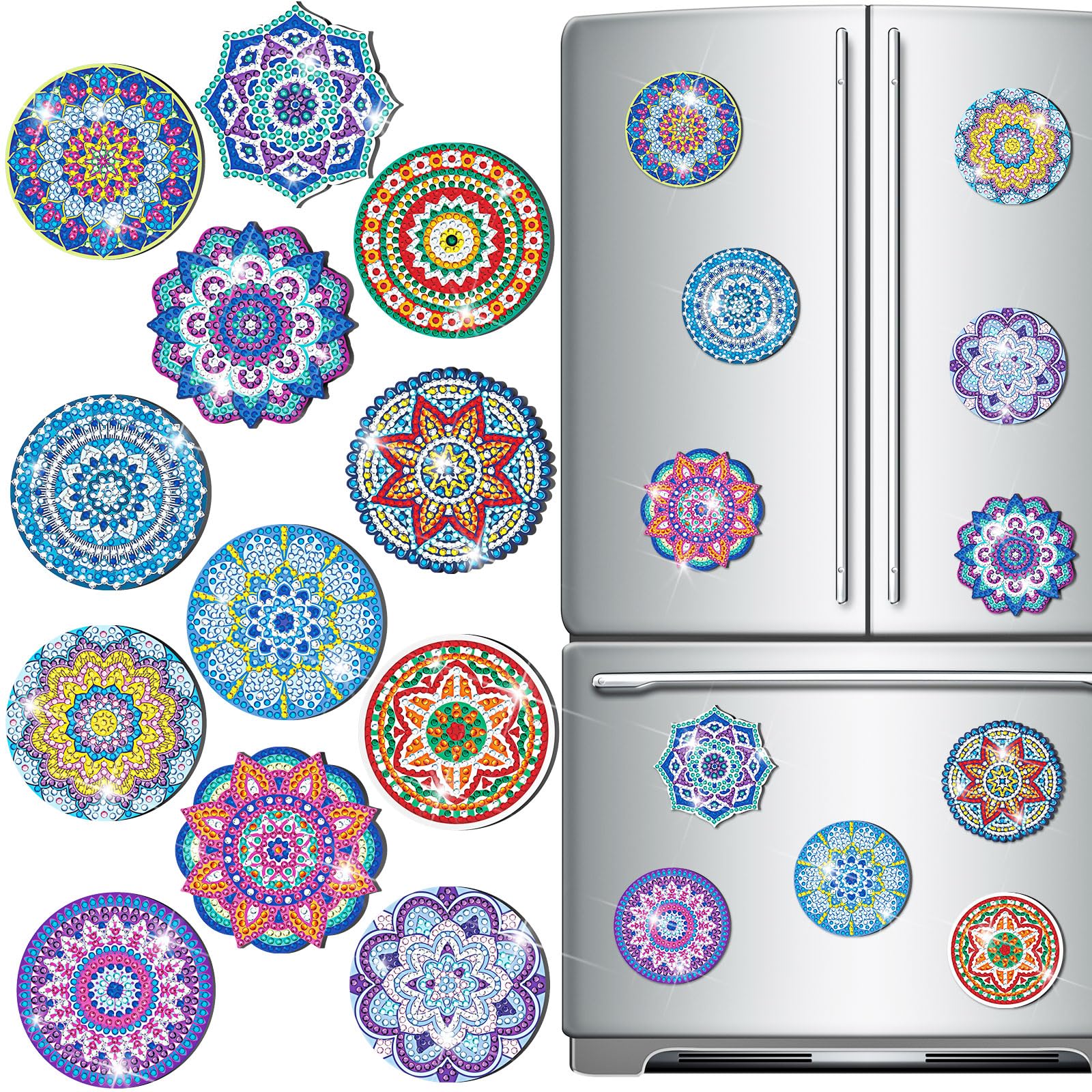 Zonon 12 Pcs Refrigerator Diamond Art Magnets - Easy DIY Kits for Adults - Classic Mandala Home Decors