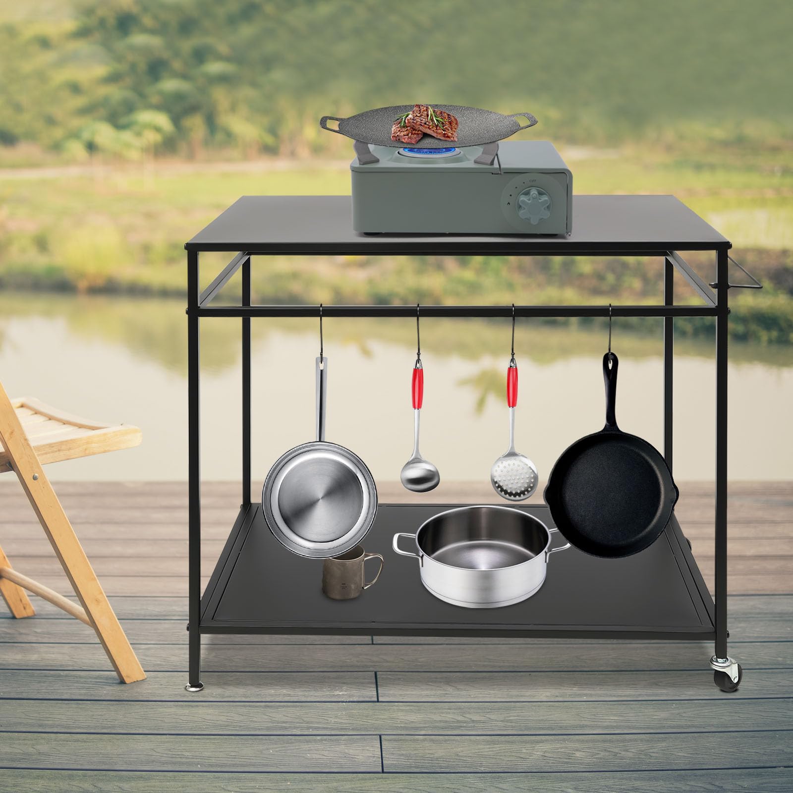 NATICRISI Double-Shelf Movable Outdoor Dining Cart Table,Outdoor Grill Cart Movable Cooking Table Grill Tables for Outside 33.46" L×19.49" W Black