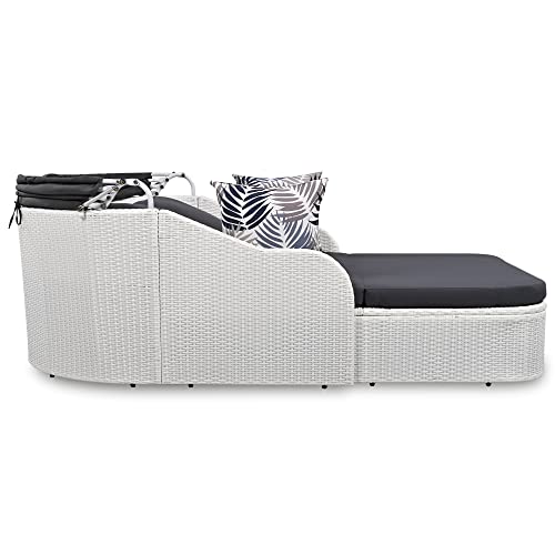 XYFDDWM 79.9" Outdoor Sunbed with Adjustable Canopy, Double Lounge, PE Rattan Daybed, White Wicker, Gray Cushion (White)