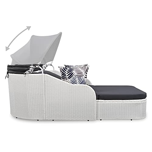 XYFDDWM 79.9" Outdoor Sunbed with Adjustable Canopy, Double Lounge, PE Rattan Daybed, White Wicker, Gray Cushion (White)