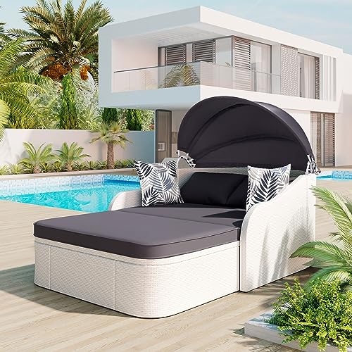 XYFDDWM 79.9" Outdoor Sunbed with Adjustable Canopy, Double Lounge, PE Rattan Daybed, White Wicker, Gray Cushion (White)