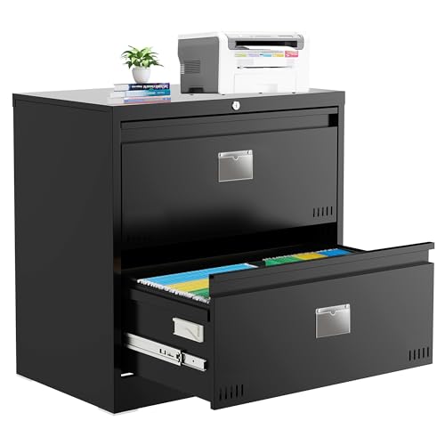 TOPKEY 2 Drawer Lateral File Cabinet with Lock, Metal Filing Storage Vertical Cabinets for Home Office Hanging Letter/Legal/F4/A4, Lockable Metal Horizontal File Cabinet with Card Slot(Black)