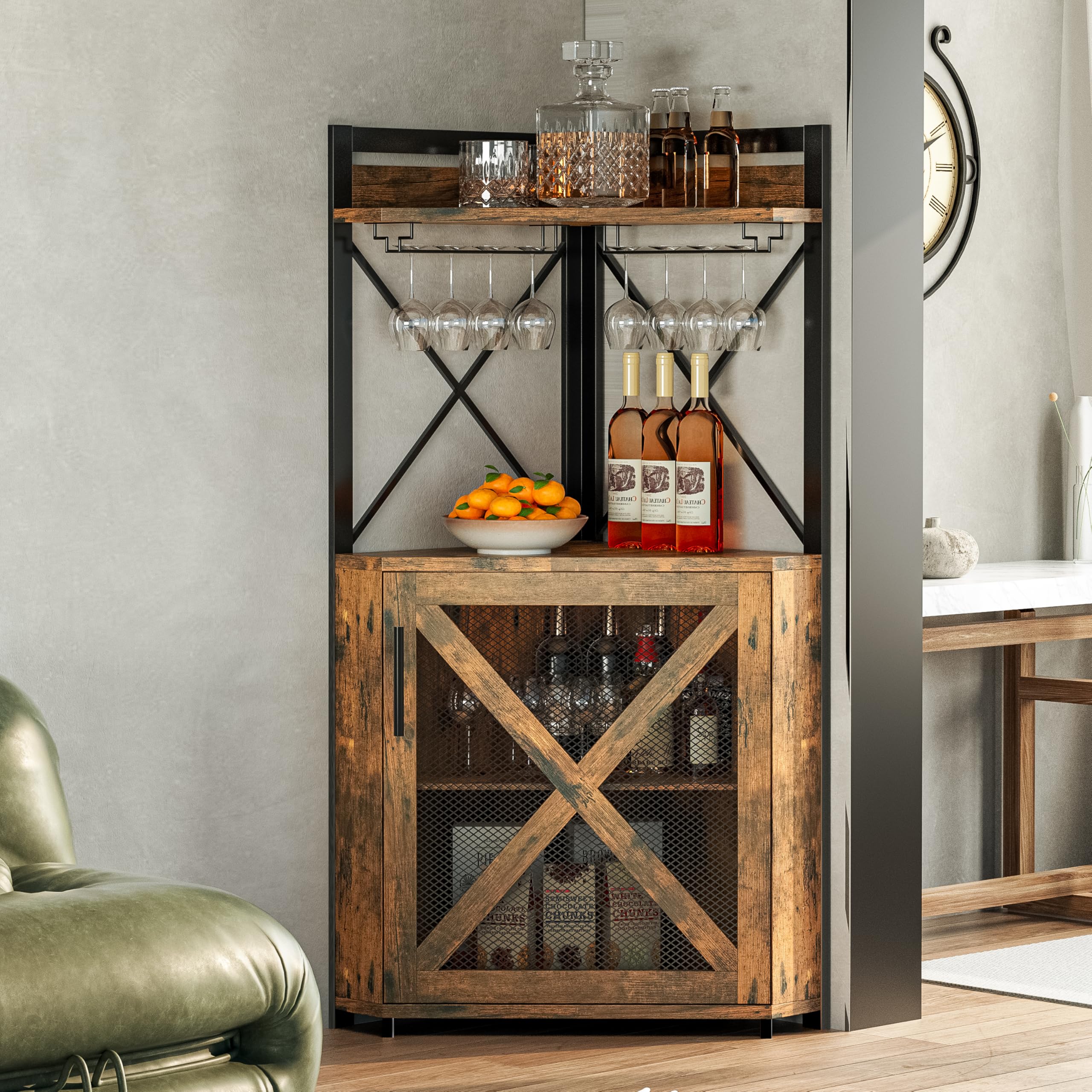 Buytime Corner Bar Cabinet with Storage, Wine Cabinet with Glass Holder, Metal Mesh Door & Adjustable Shelf, Liquor Cabinet Bar for Home, Corner Wine Rack for Living Room, Dining Room, Kitchen, Brown