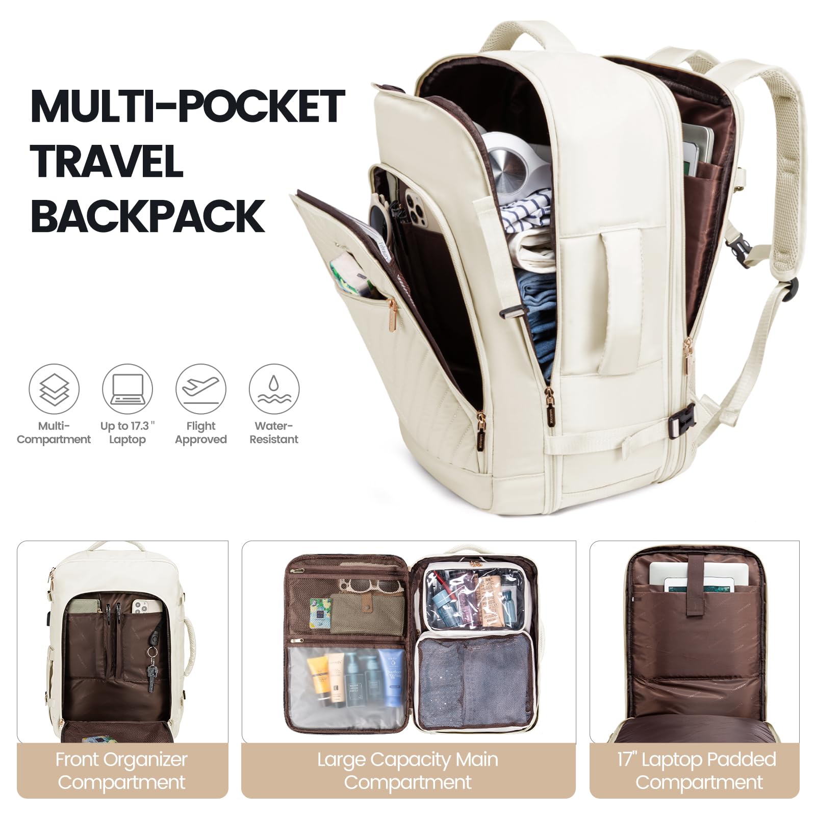 LOVEVOOK Travel Backpack,Carry On Backpack Flight Approved with Toiletry Bag,Expandable Large Laptop Backpack Women Waterproof Backpack Fit 17.3 Inch with USB Charging Port Shoes Compartment