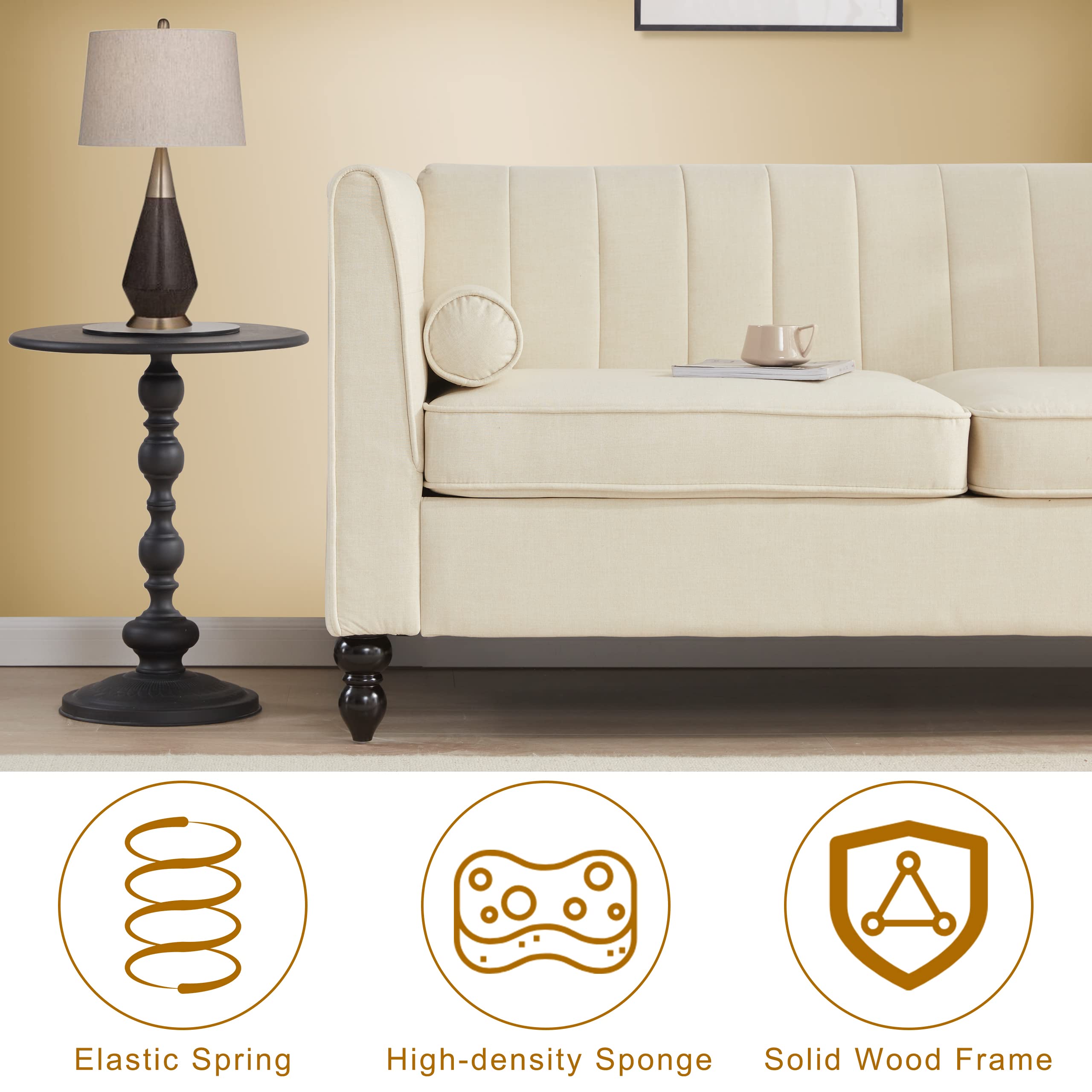 Kingfun 67" Modern Sofa for Living Room, Comfy Loveseat Linen Fabric with 2 Bolster Pillows, Mid Century Modern Couch Small Love Seat for Bedroom with Solid Wooden Frame and Padded Cushion, Beige